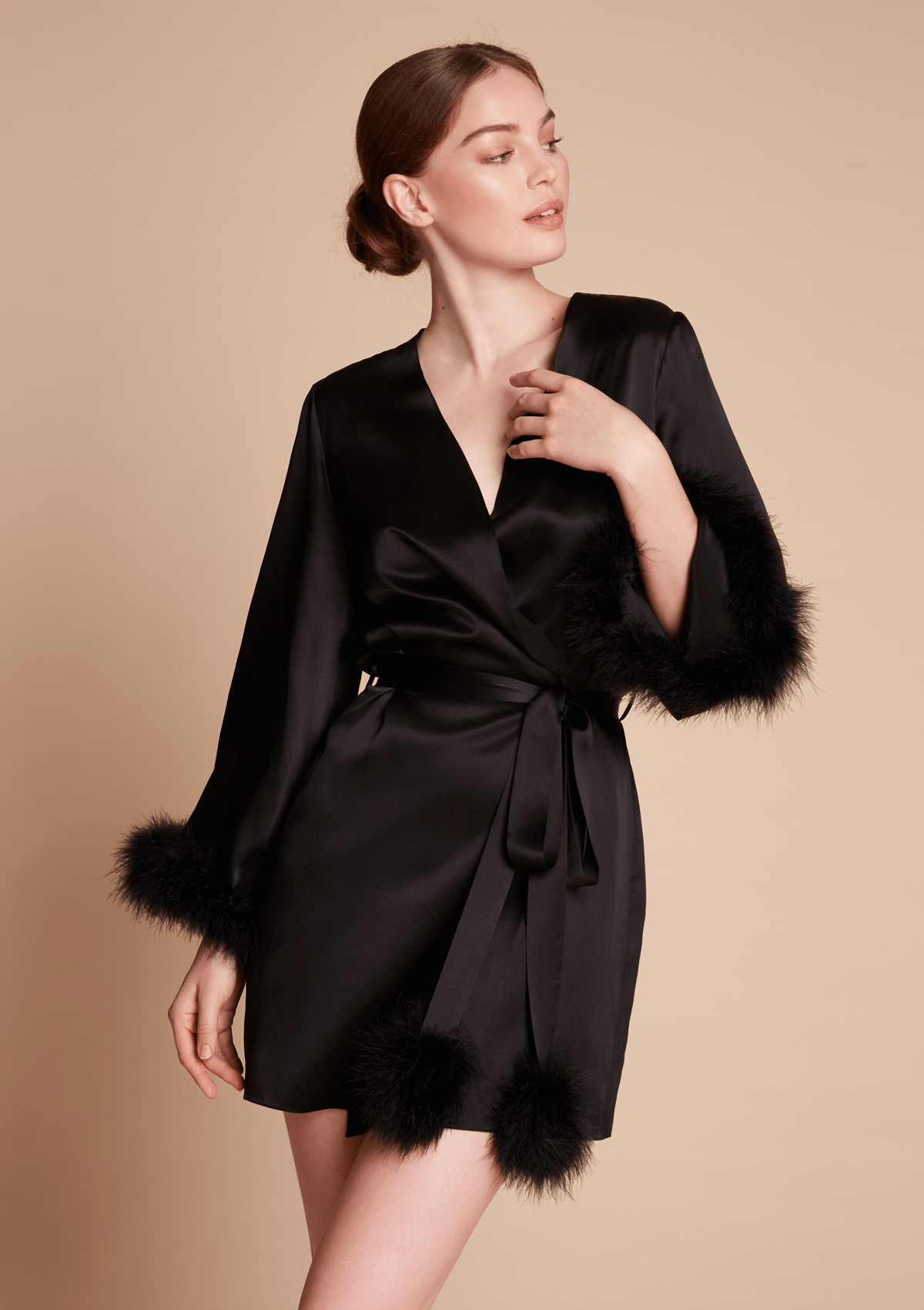 Luxury Silk & Feather Robe - Black | Gilda & Pearl